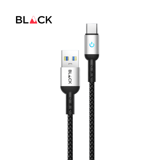 BLACK Cable Strong&Fast Nylon USB A to C, 25000+ bend, LED, 1.2m, 1Yr